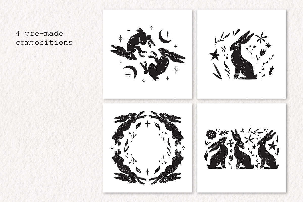 Rabbits. Linocut vector collection, an Animal Illustration by ...