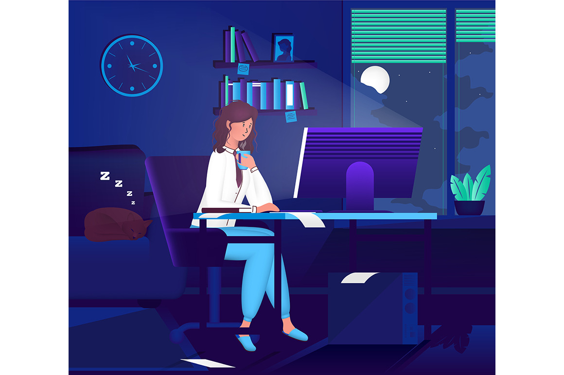 Woman and Working Night Home Office, a Background Graphic by Bigmouse_art