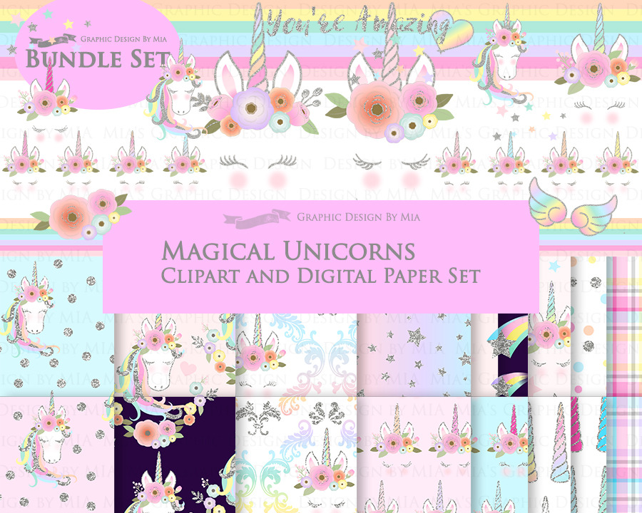 Unicorn Faces Silver Clipart,Pattern, an Illustration by Mia's Graphic ...