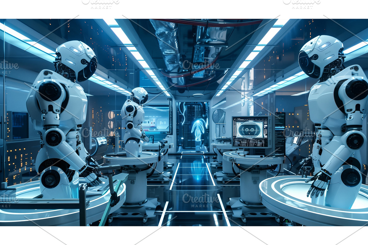 Futuristic robots engaging in, an Illustration by Sergey Kotenev