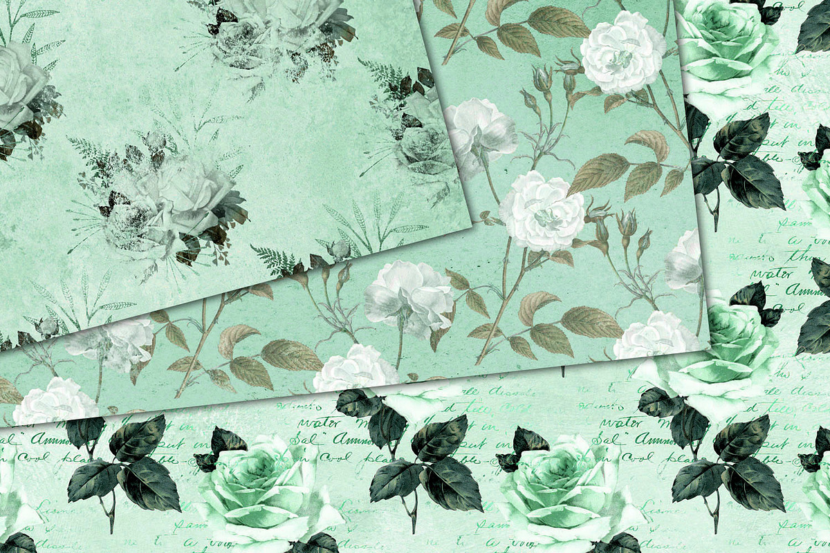 Aqua Shabby Floral Digital Paper, a Pattern Graphic by Digital Curio