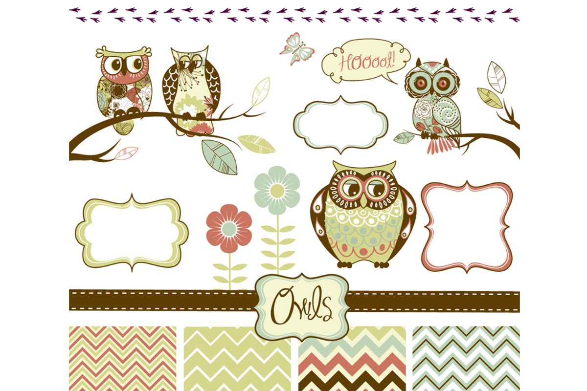 Owls clip art and elements set, an Illustration by GraphicMarket