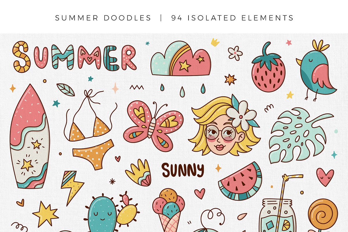 Summer Doodle Clipart - Tropical Set, an Illustration by Velliniki