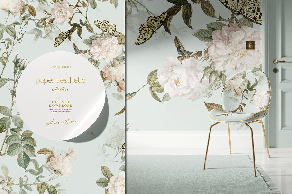 Luxury Pastel Mint Floral Pattern, a Pattern Graphic by paper aesthetic