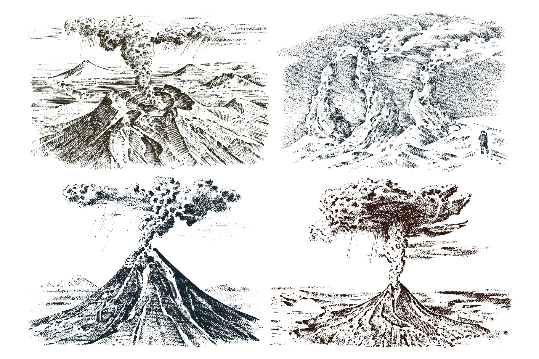 volcano activity with magma, smoke before the eruption and lava or ...