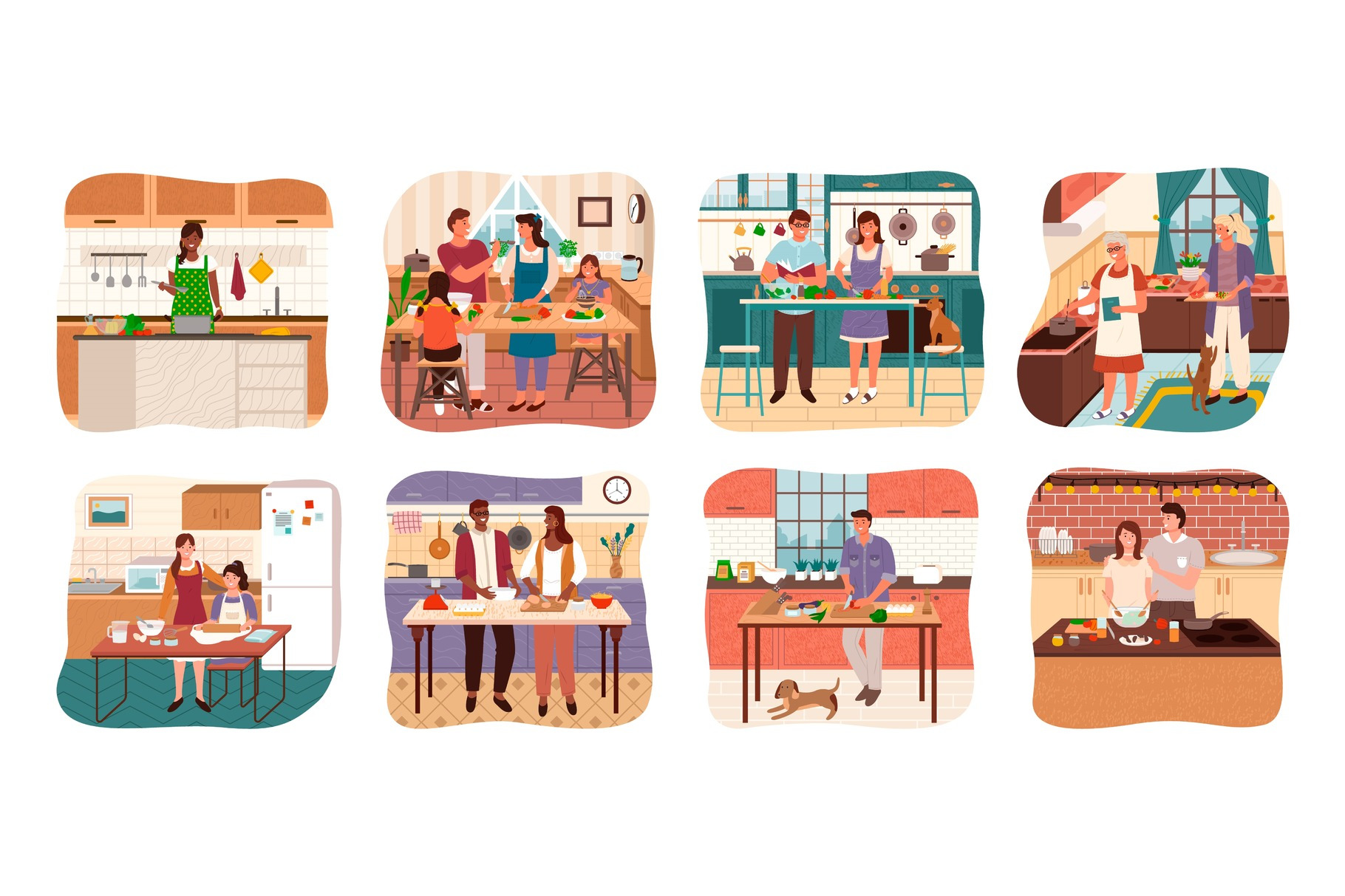 People Cooking Food in Kitchens, Set, a Food Illustration by robuart