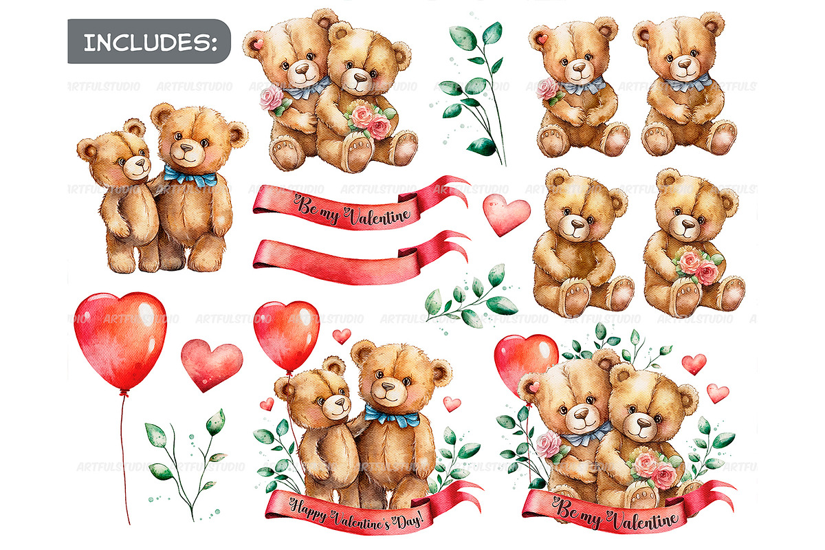 Valentine's day teddy bears clipart, an Animal Illustration by ArtfulStudio