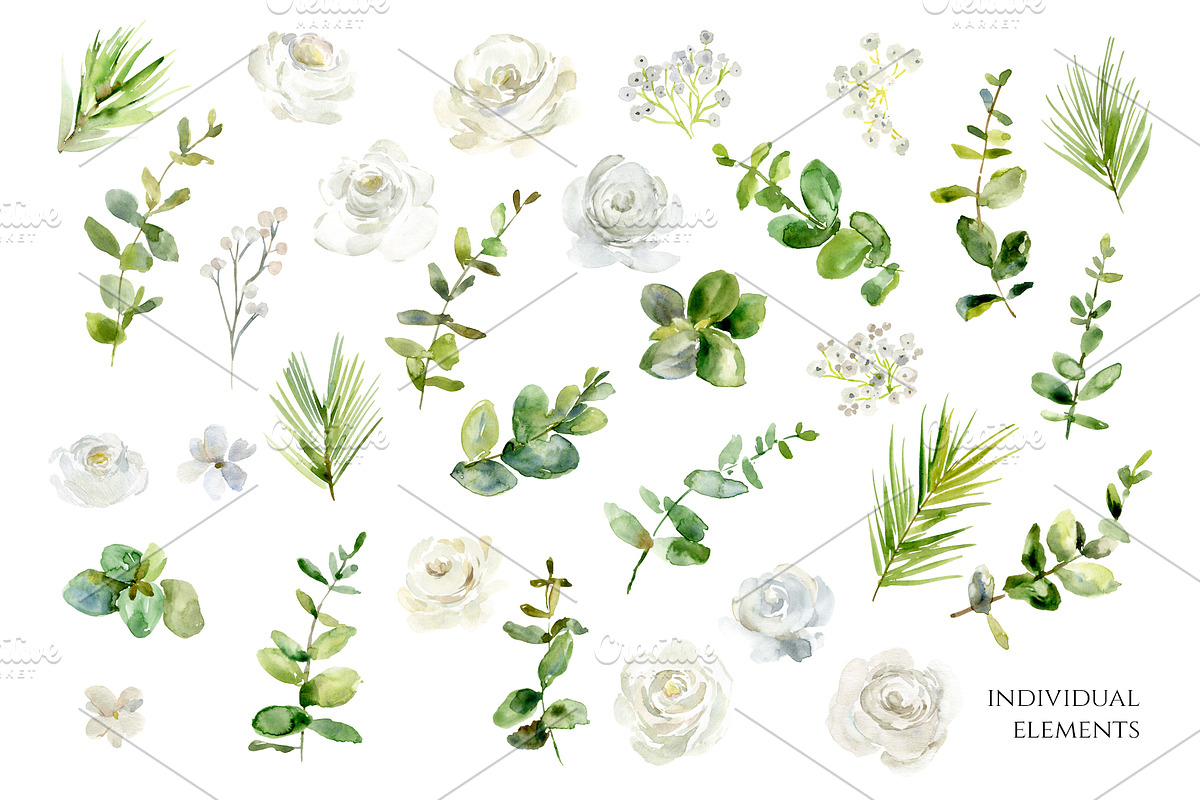 Watercolor White Flowers & Greenery, an Illustration by GraphicsDish