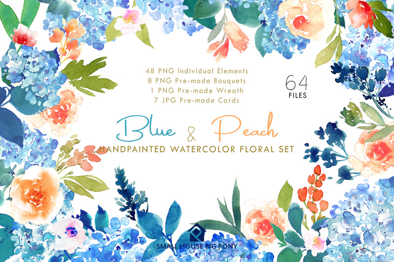 Blue & Peach- Watercolor Floral Set, an Illustration by SmallHouseBigPony