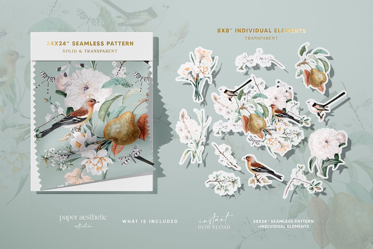 Spring Mint Birds Flower Pattern, a Pattern Graphic by paper aesthetic