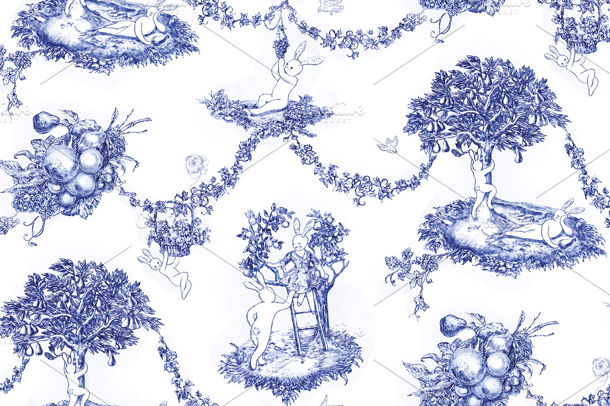 Harvest Bunnies - Toile De Jouy, a Pattern Graphic by YvY