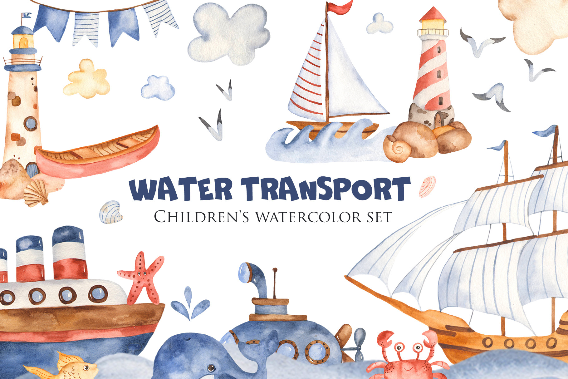 Water transport. Watercolor set., a Transportation Illustration by ...