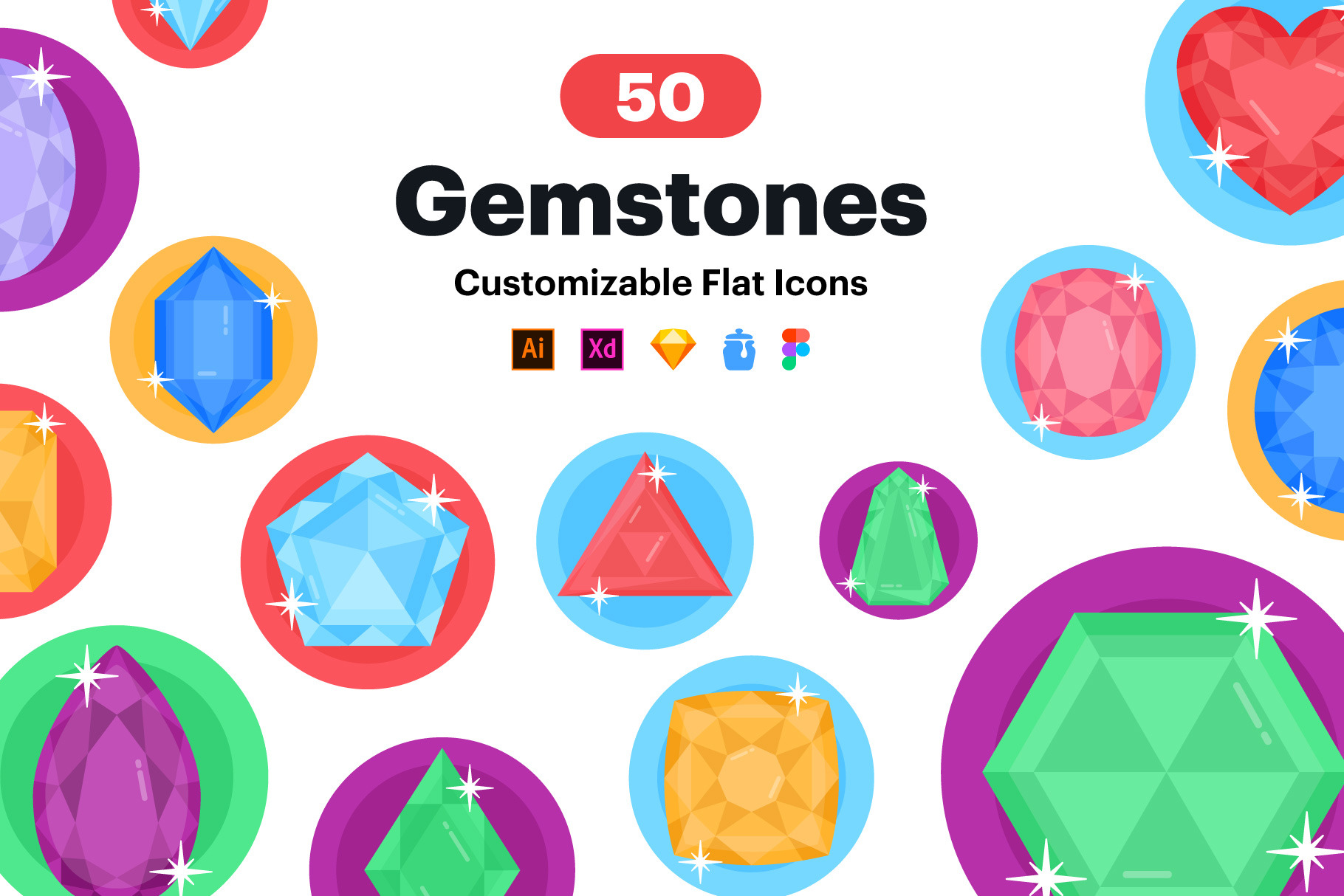 Flat Gemstone Icons - 50 Vector Icons | Creative Market