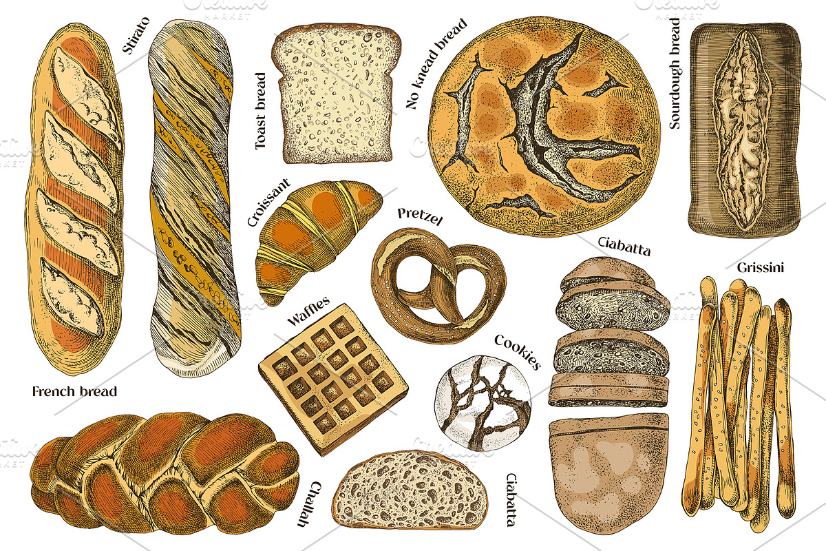 Local bakery. Types of bread., a Food Illustration by handsketched