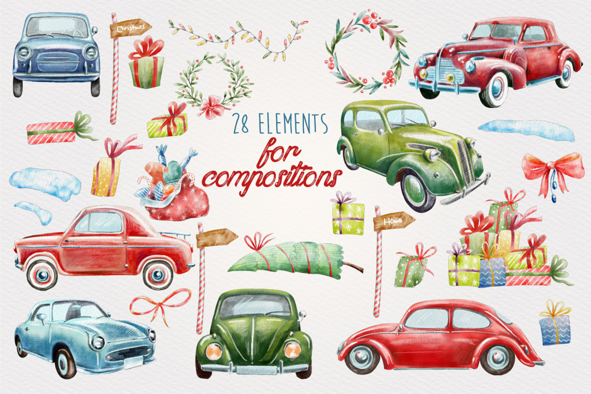 Christmas retro cars clipart, a Decorative Illustration by ArtPavo