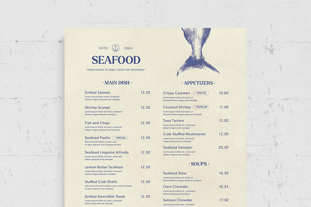 Rustic Seafood Menu Template, a Flyer Template by BrandPacks