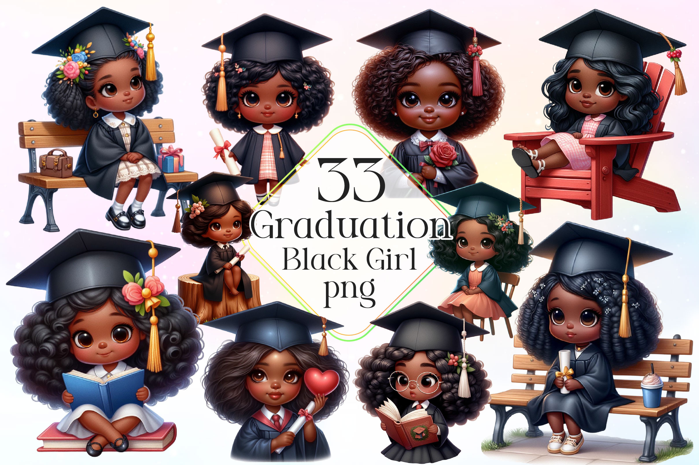 Cute Black Graduation Girl Clipart, a Work Illustration by LiustoreCraft