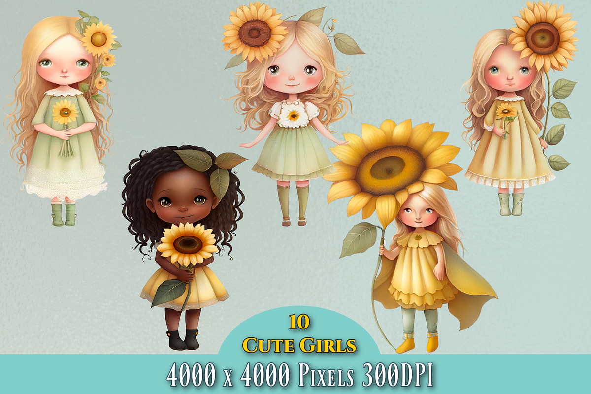 Sunflower Girls Watercolor Clipart, a Person Illustration by NadiaTheronArt