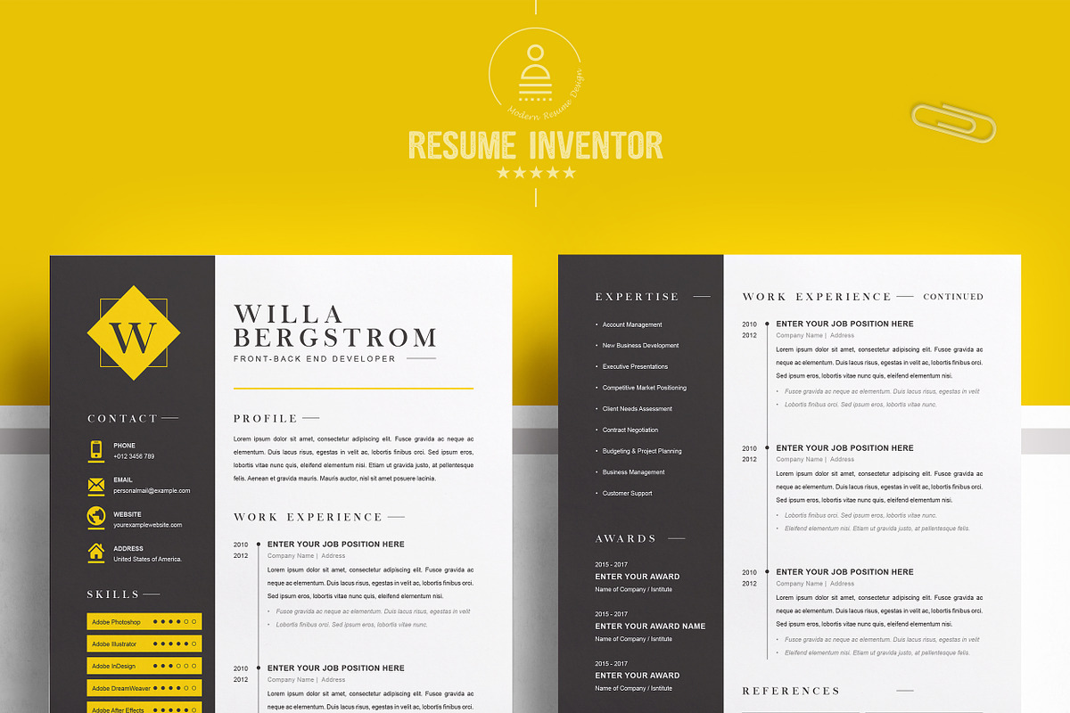 Minimal Yellow Resume Template / CV, a Resume Template by ResumeInventor