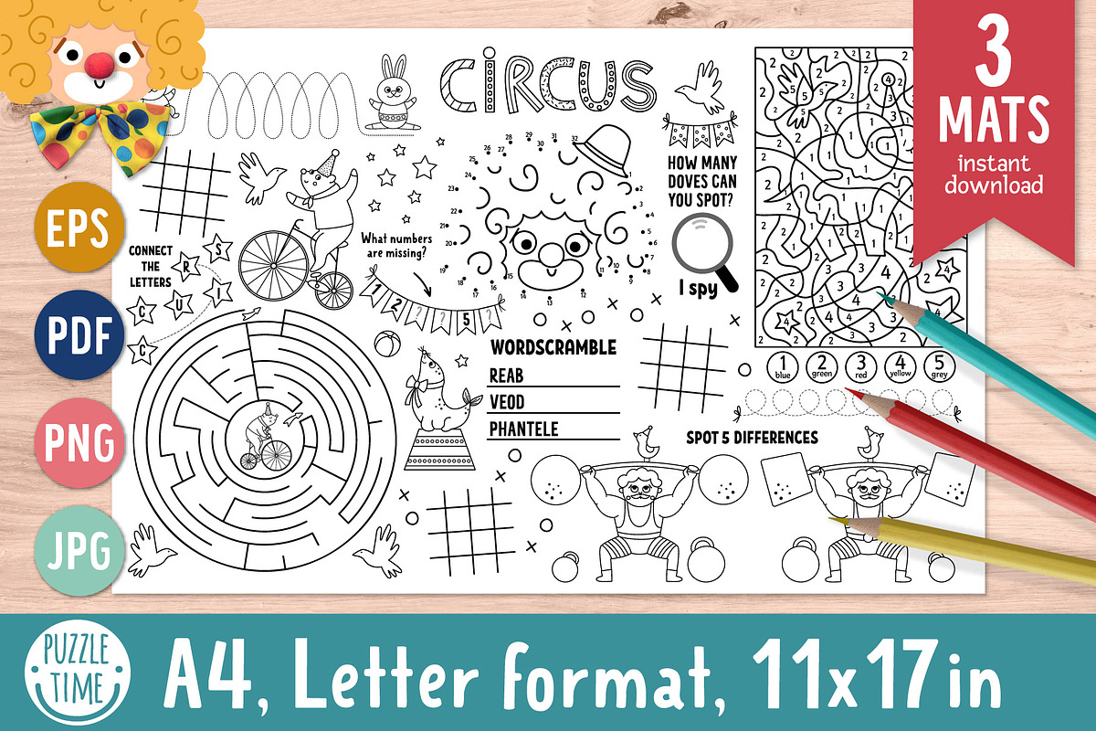 Circus coloring activity mats, an Animal Illustration by Lexi Claus
