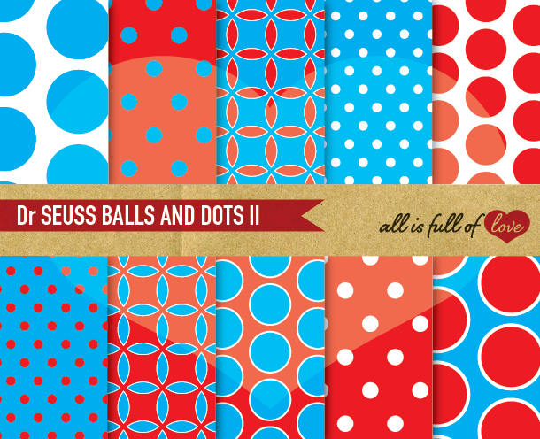 Dr Seuss Digital Paper Blue Red, a Pattern Graphic by All is full of Love