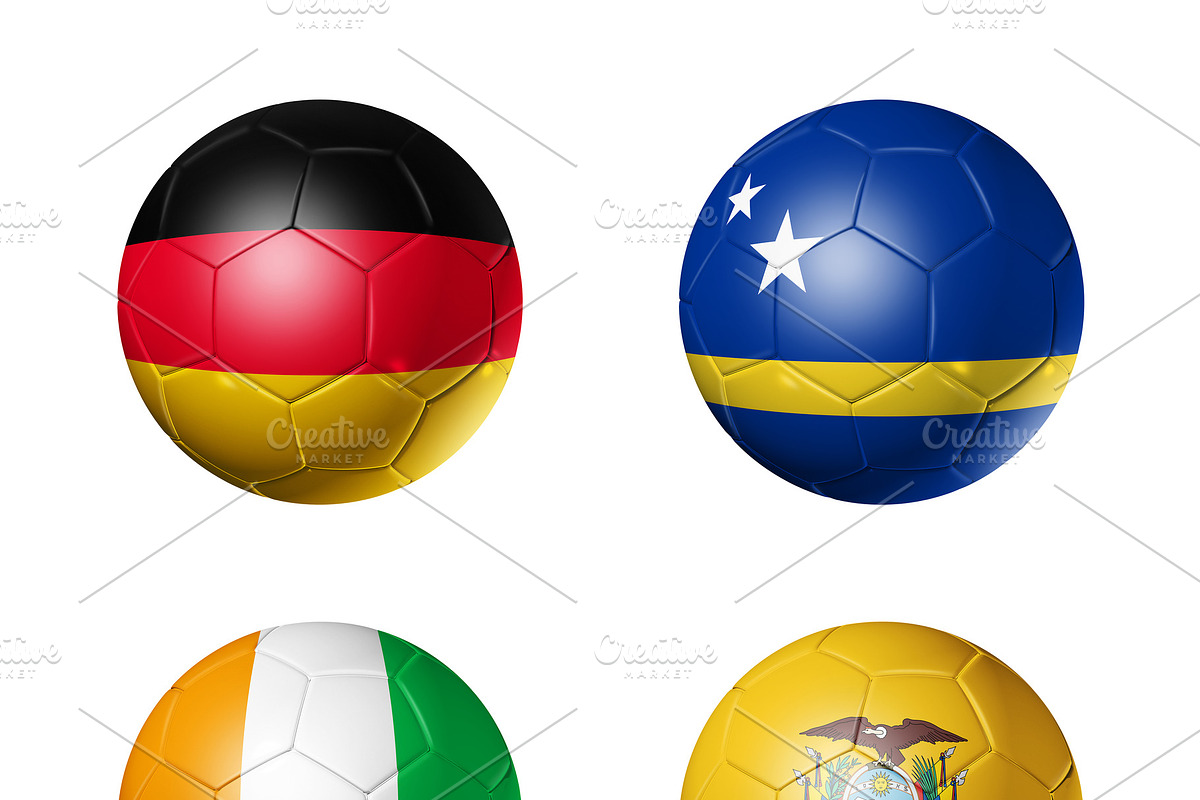 Football competition 2026 group E flags on soccer balls. 3D illu, a ...
