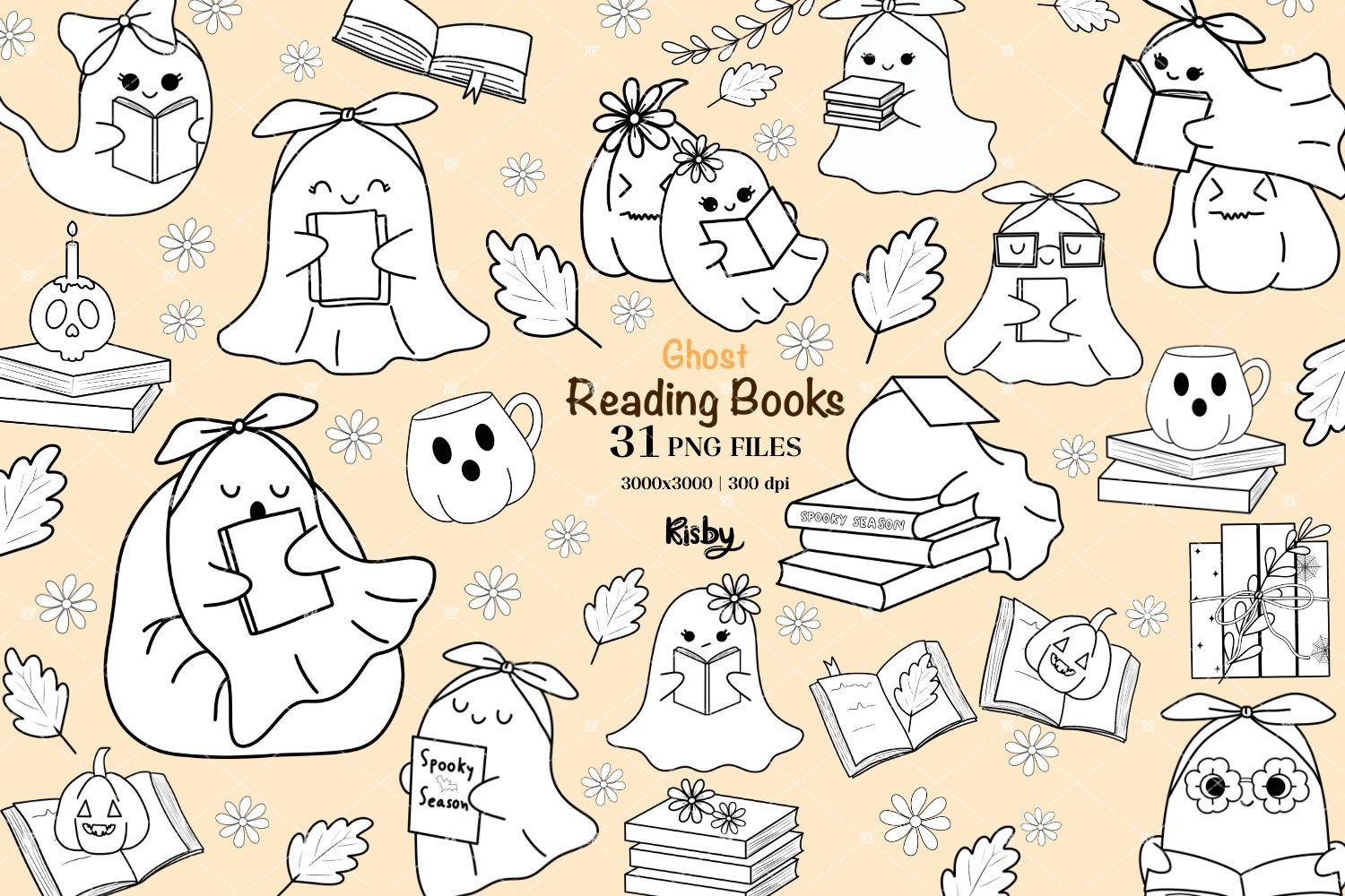 Ghost Reading Books Doodle Outline, an Education Illustration by KisbyArt