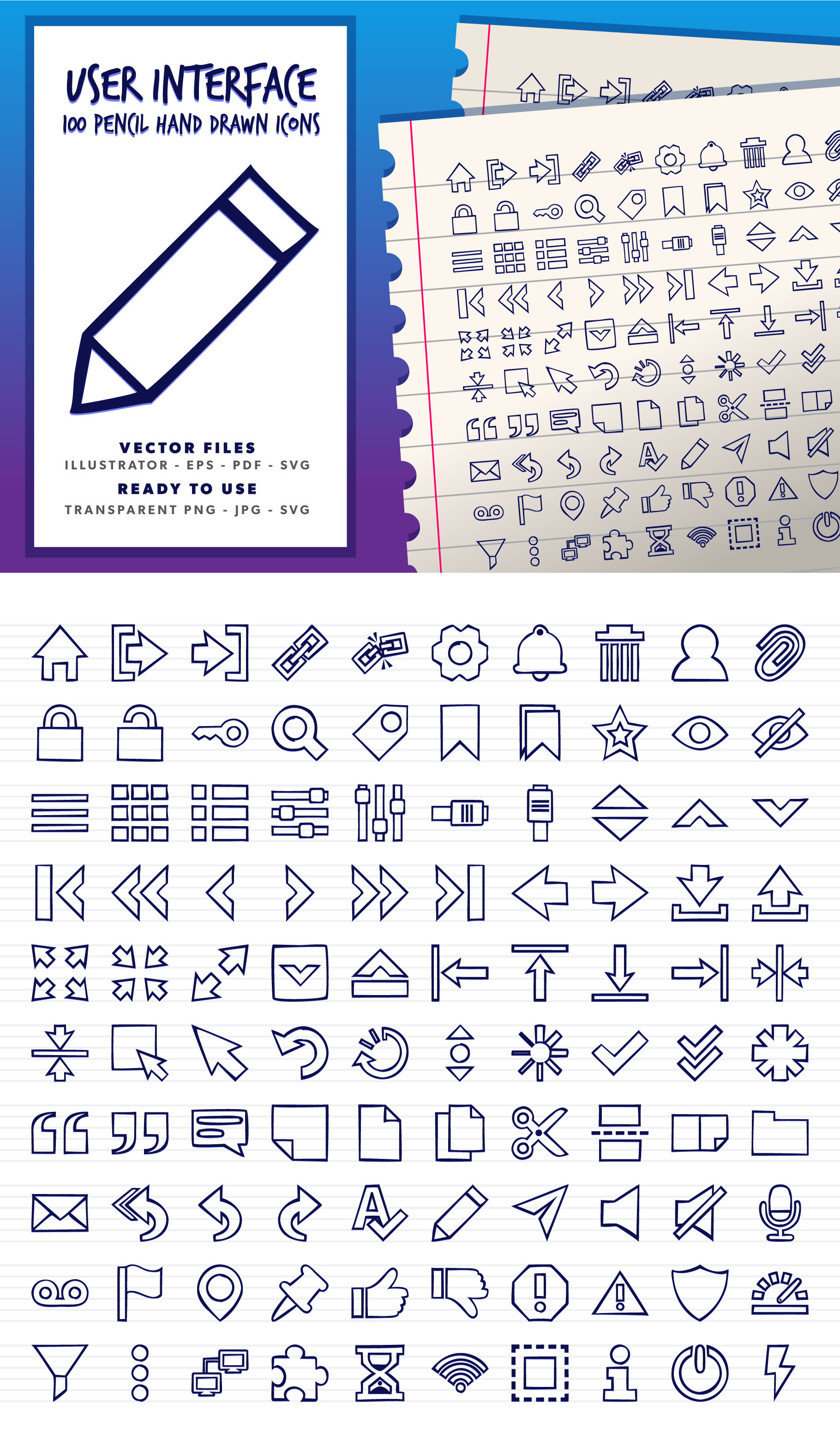 UI - 100 Pencil Hand Drawn Icons, an Icon by doghead | Creative Market