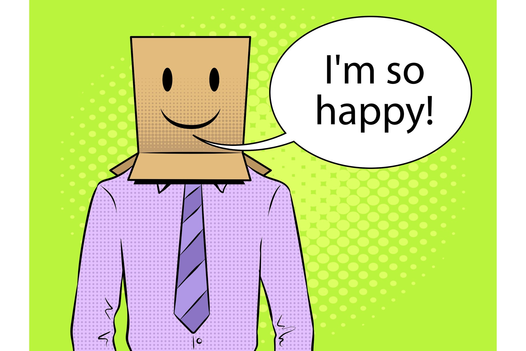 Man with box happy emoji on head pop art vector, a Decorative ...