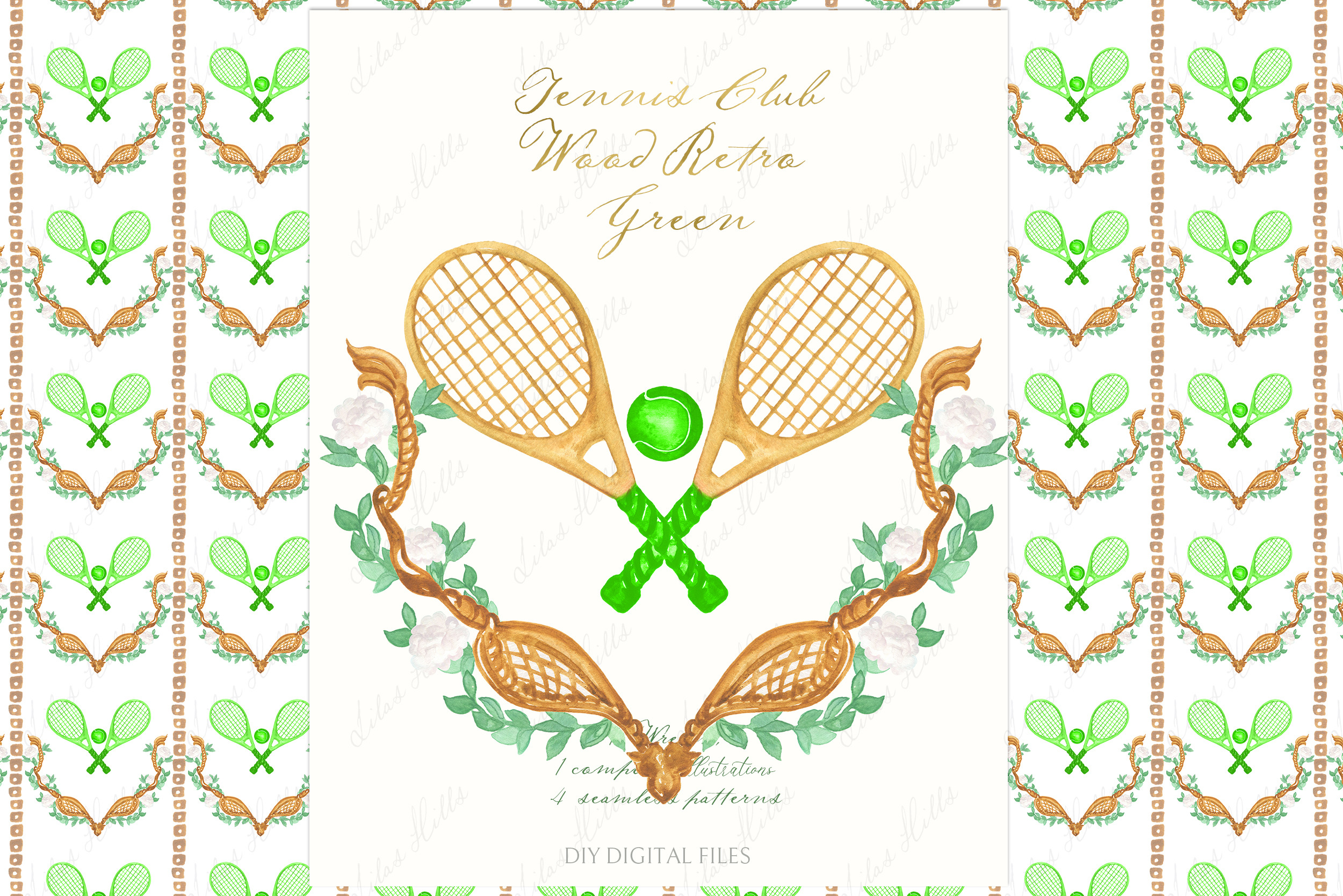 Tennis Clipart Retro Wood green fluo, an Illustration by LABFcreations
