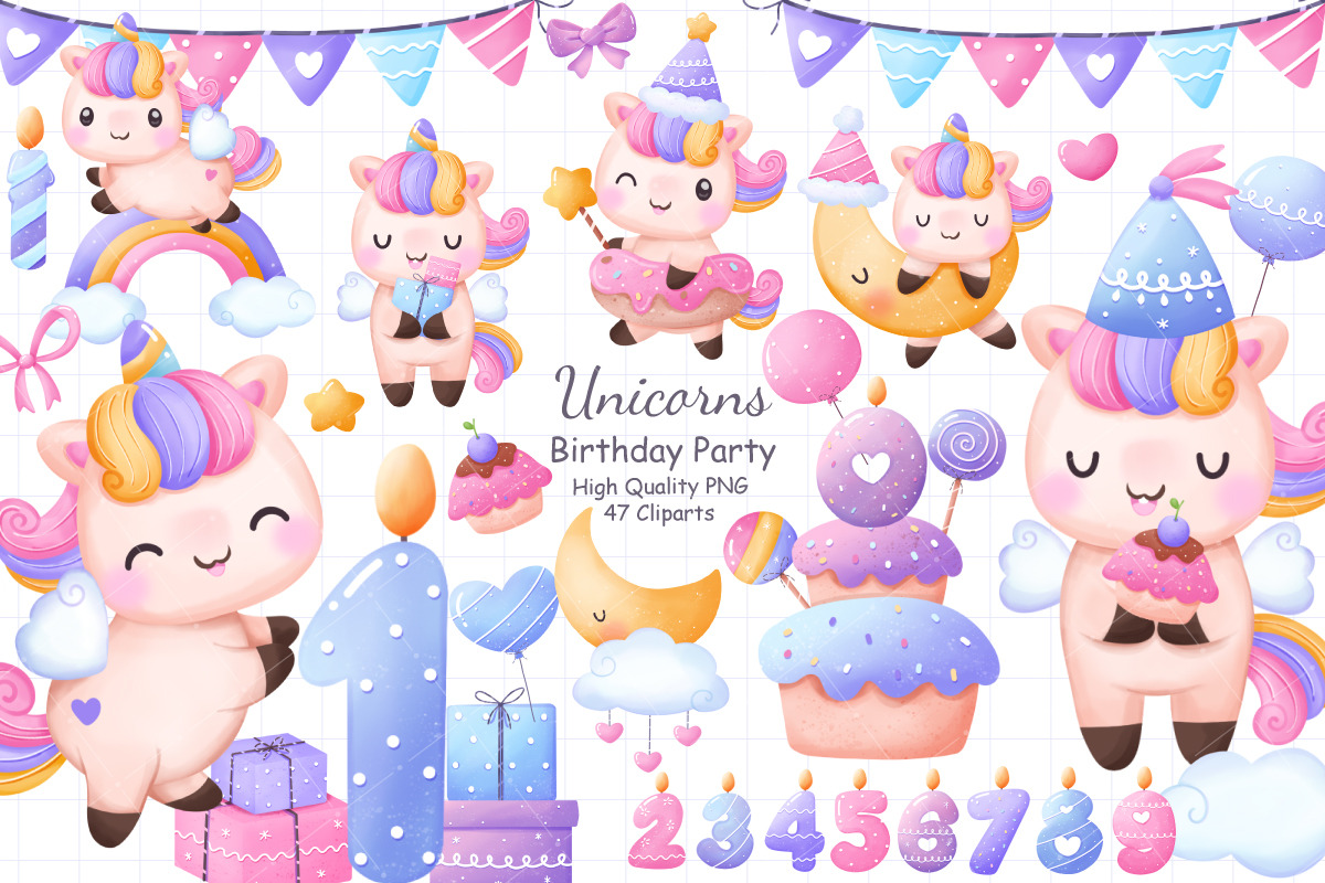 Cute Unicorns Birthday Party Cliparts