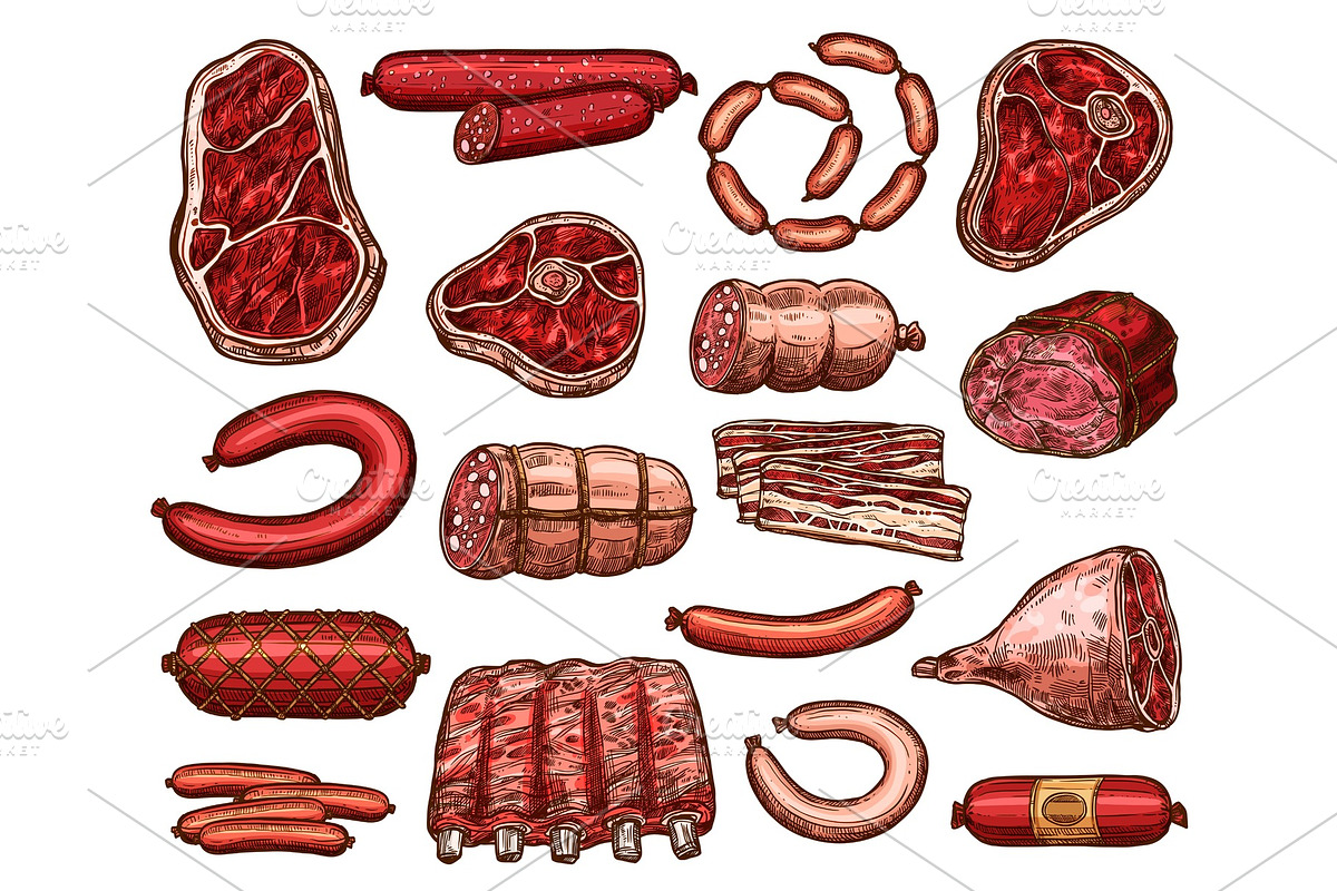 Fresh meat and sausage sketch for food design, a Food Illustration by ...