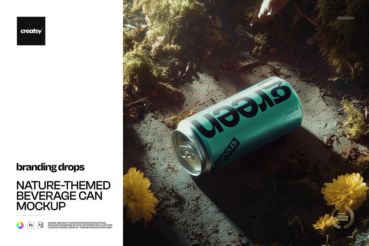 Nature-Themed Beverage Can Mockup, a Cups & Container Mockup by creatsy5