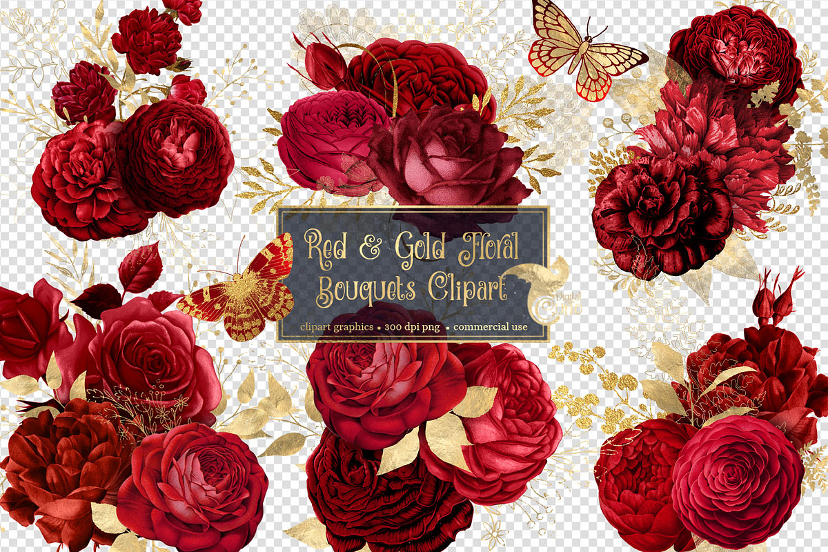 Red and Gold Floral Clipart, an Illustration by Digital Curio ...