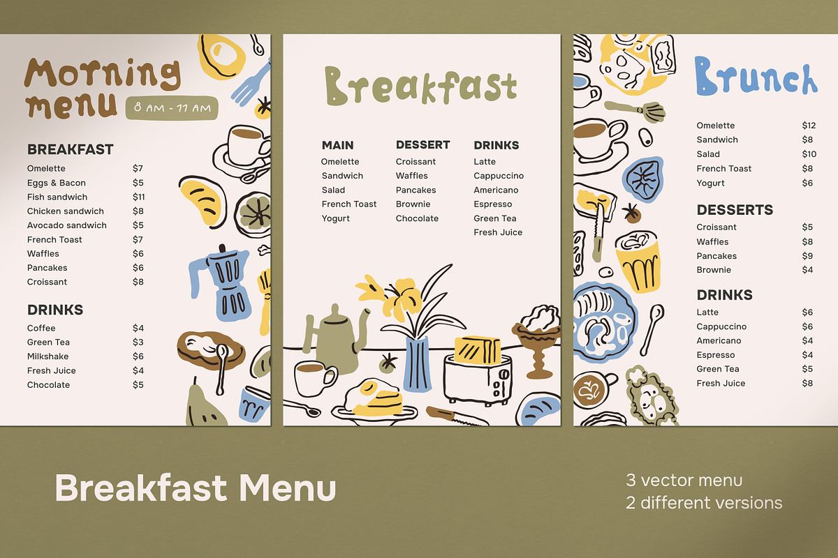 Breakfast food menu card designs set, a Food Illustration by Good Studio