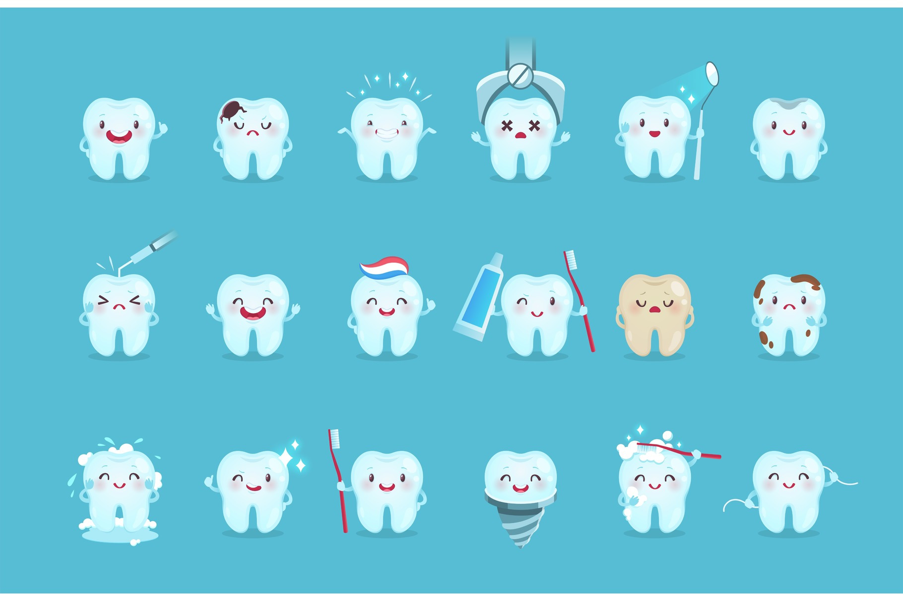 Cartoon teeth. Cute tooth characters | Graphic Objects ~ Creative Market