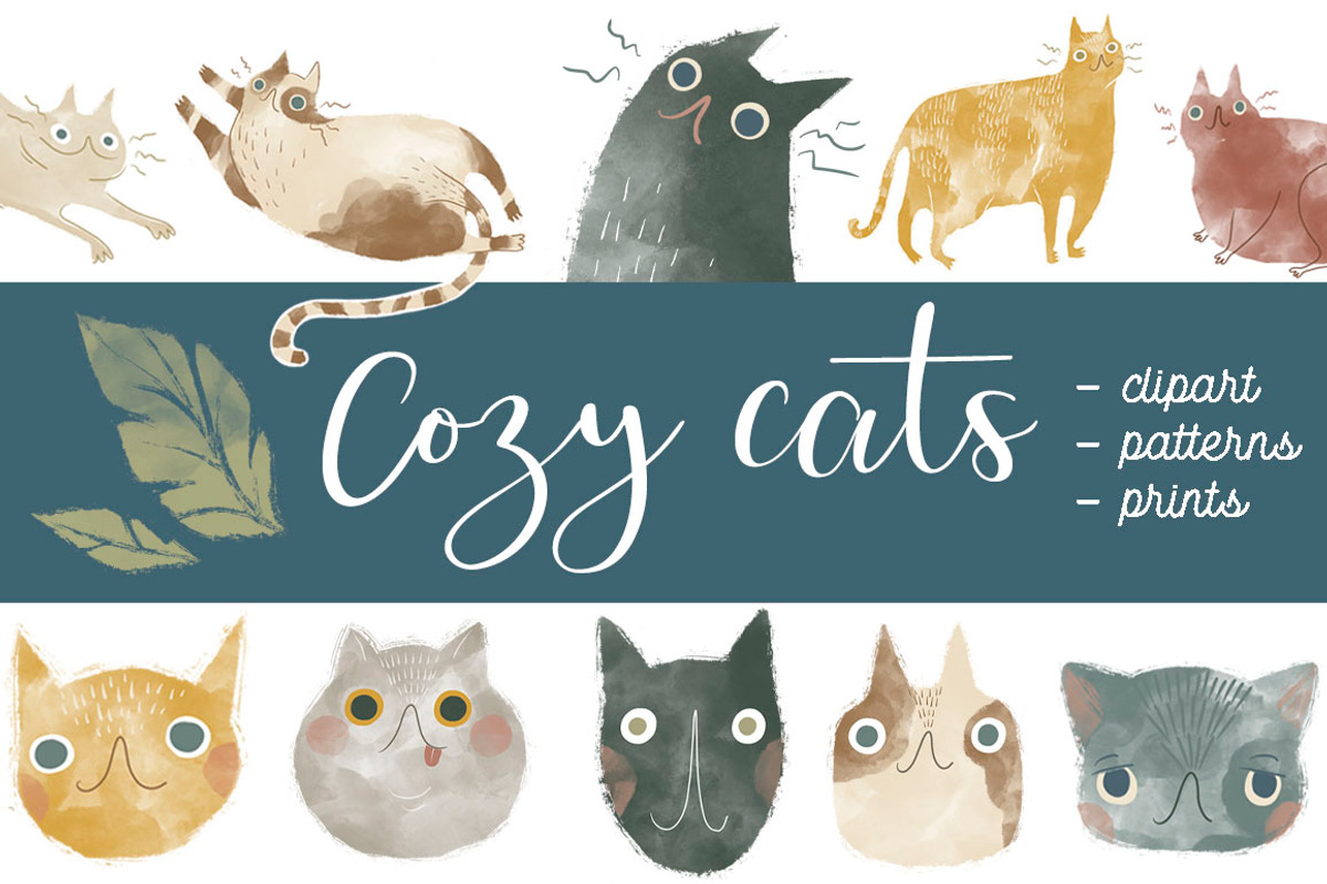 Cozy cats - watercolor style set, an Animal Illustration by Ginger.o.clock