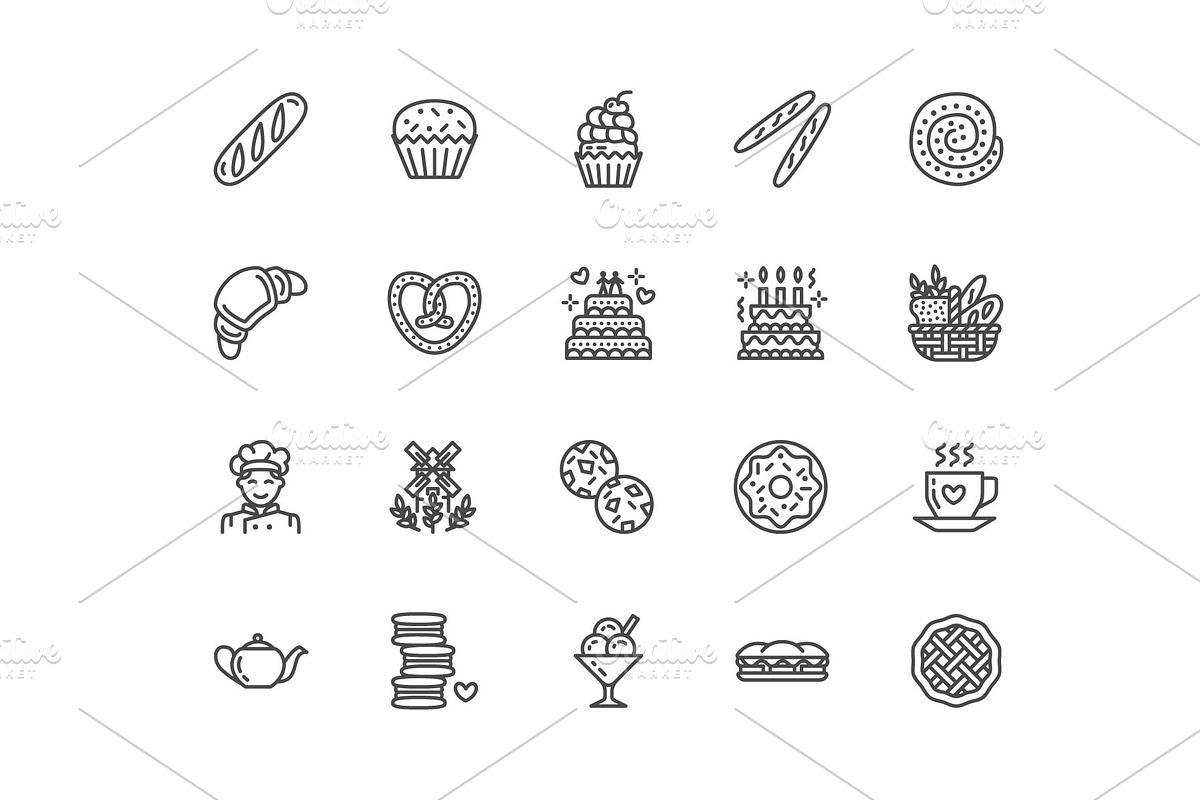 Bakery, Bread house Line Icons, an Outline Icon by Nadiinko | Creative ...