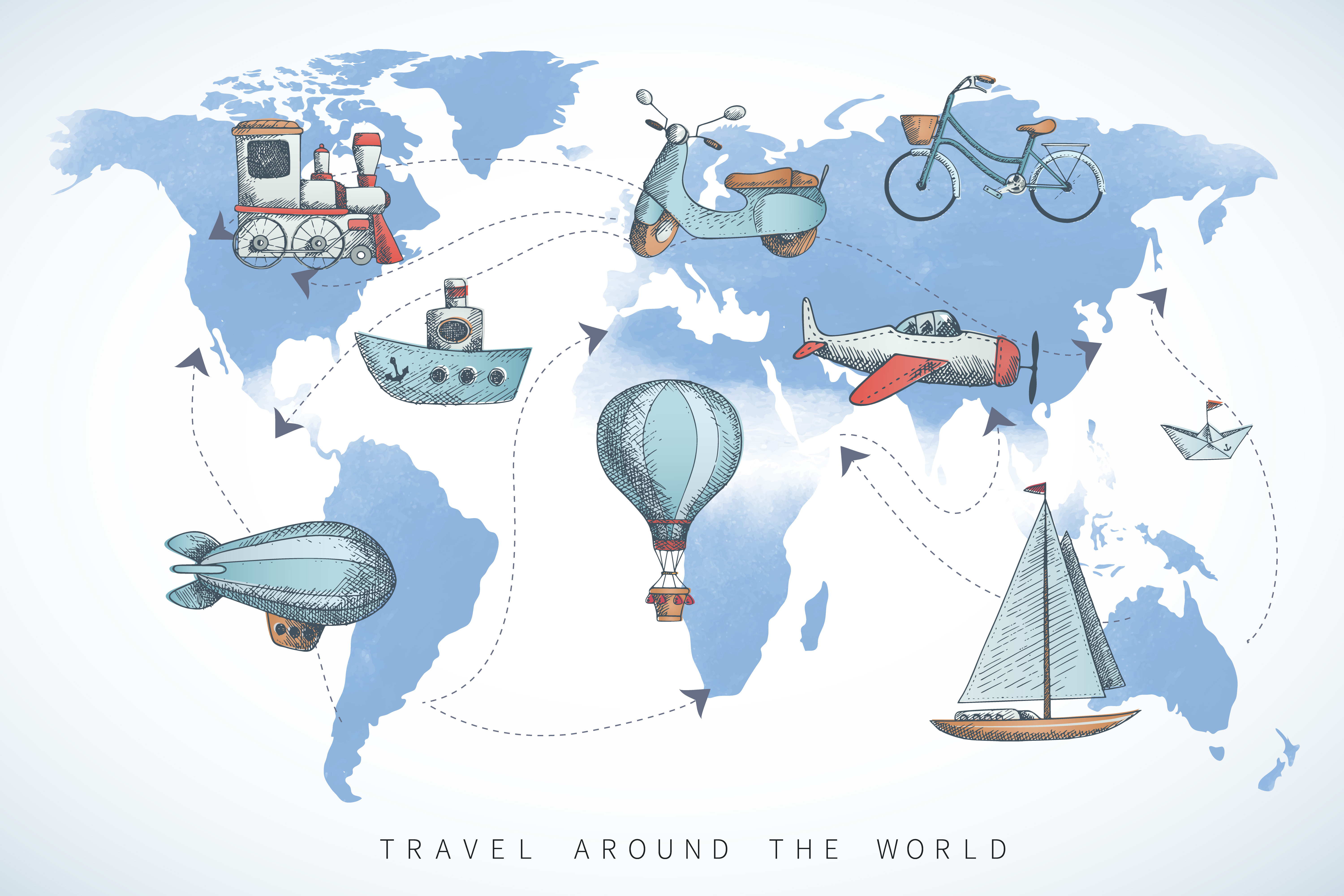 Travel icons on the world map., a Transportation Illustration by goodreason