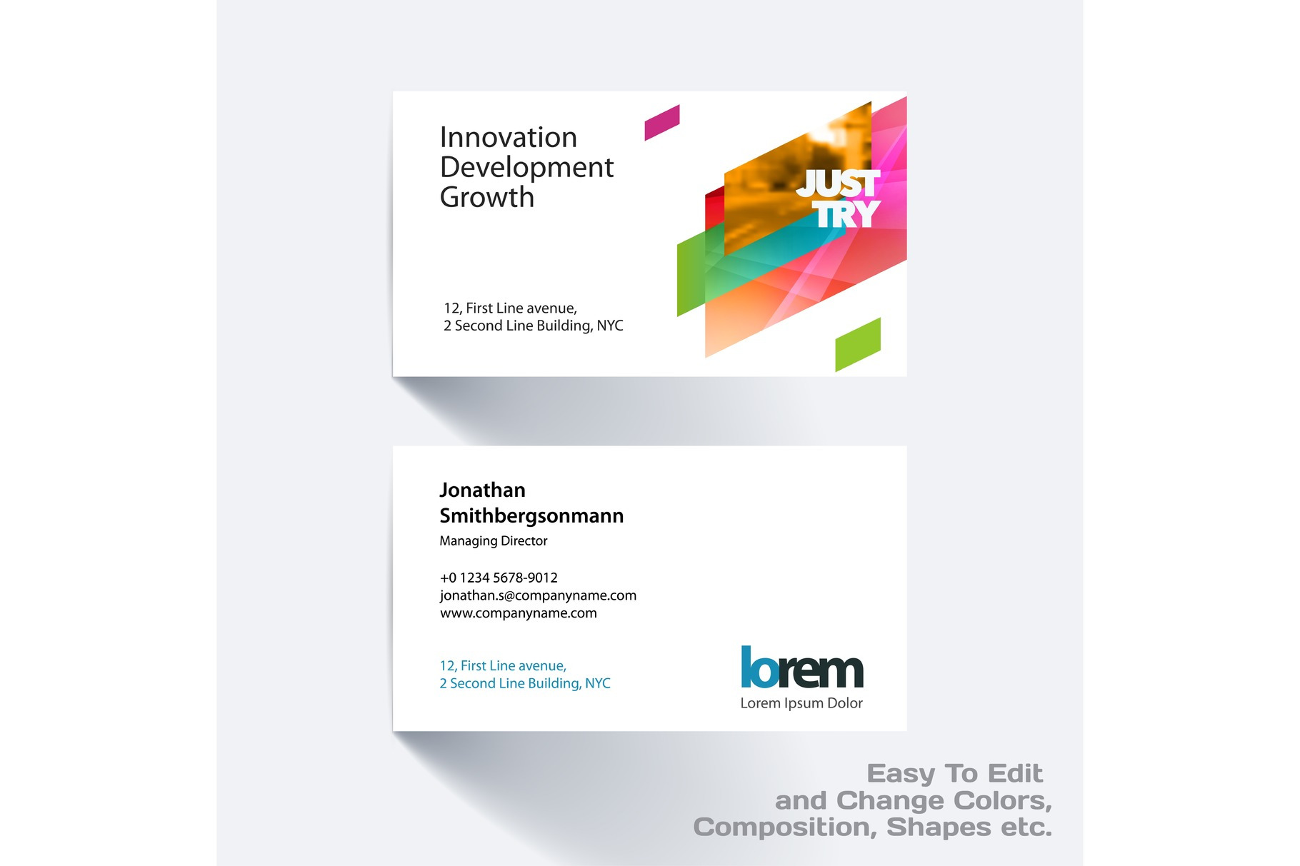 Vector business card template with colourful strong geometric shapes, a ...