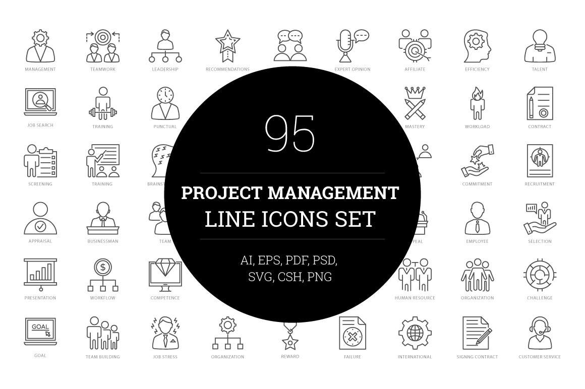 95 Project Management Line Icons, an Outline Icon by Creative Stall