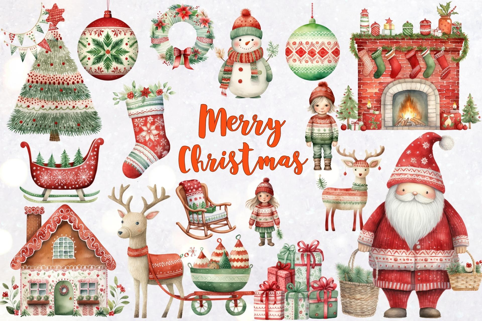 Merry Christmas Watercolor Clipart, a Seasonal Illustration by Maysa Art