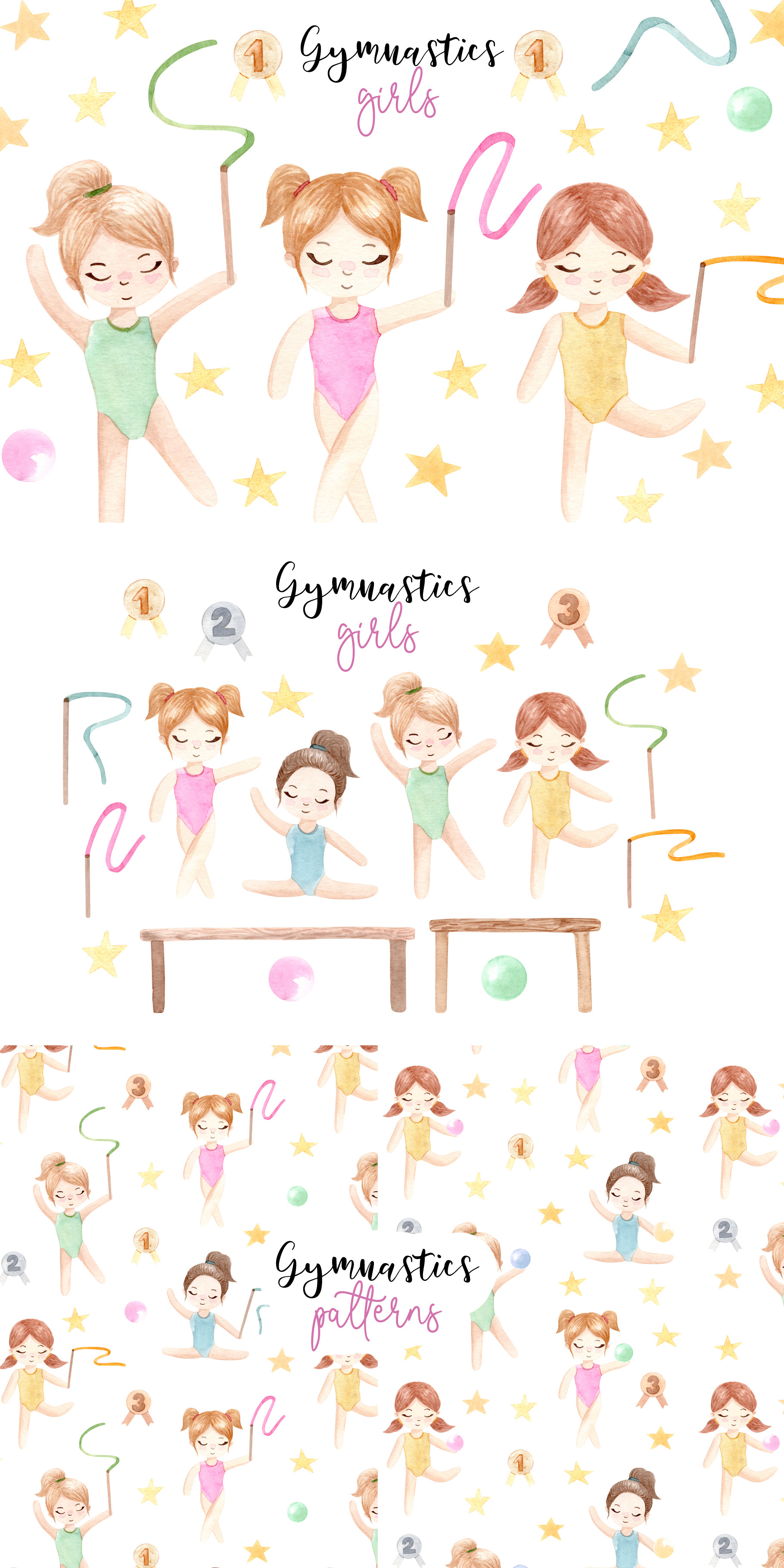 Watercolor Gymnastic Girls. Patterns, an Object Graphic by Slastick