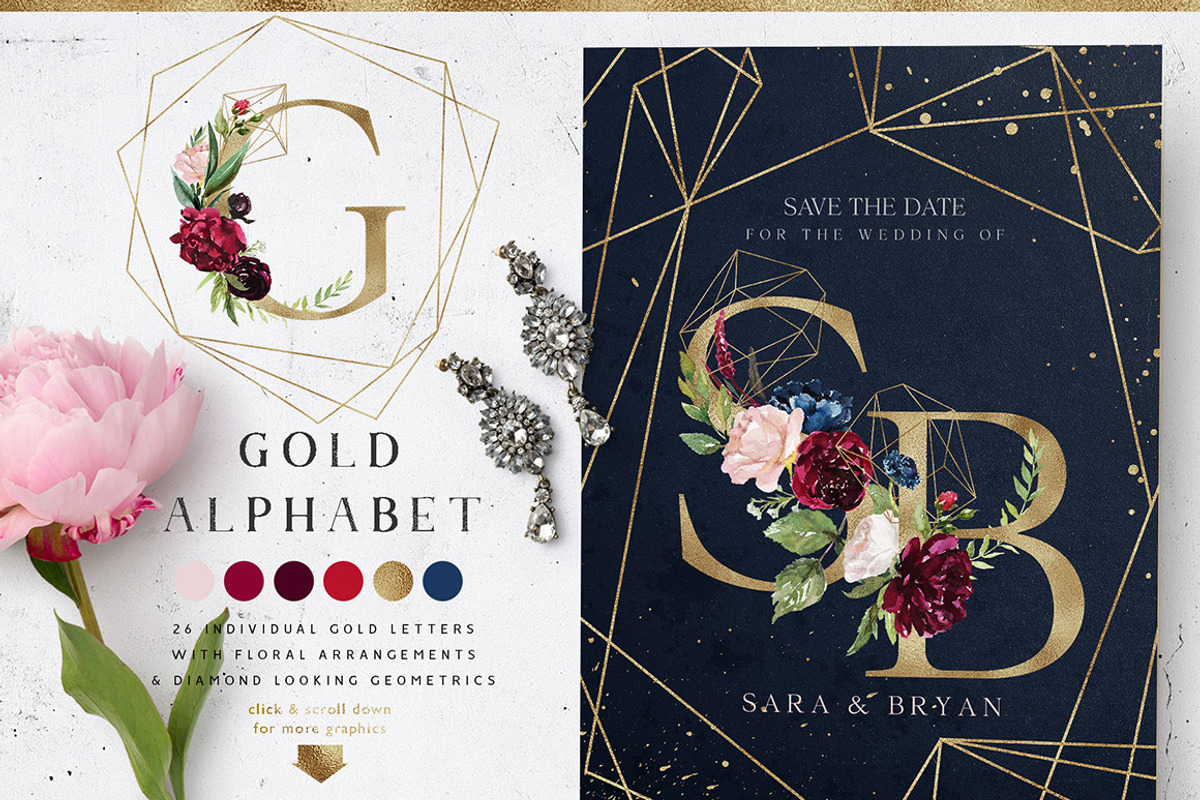 Watercolor Floral Gold Alphabet, a Decorative Illustration by Veris Studio