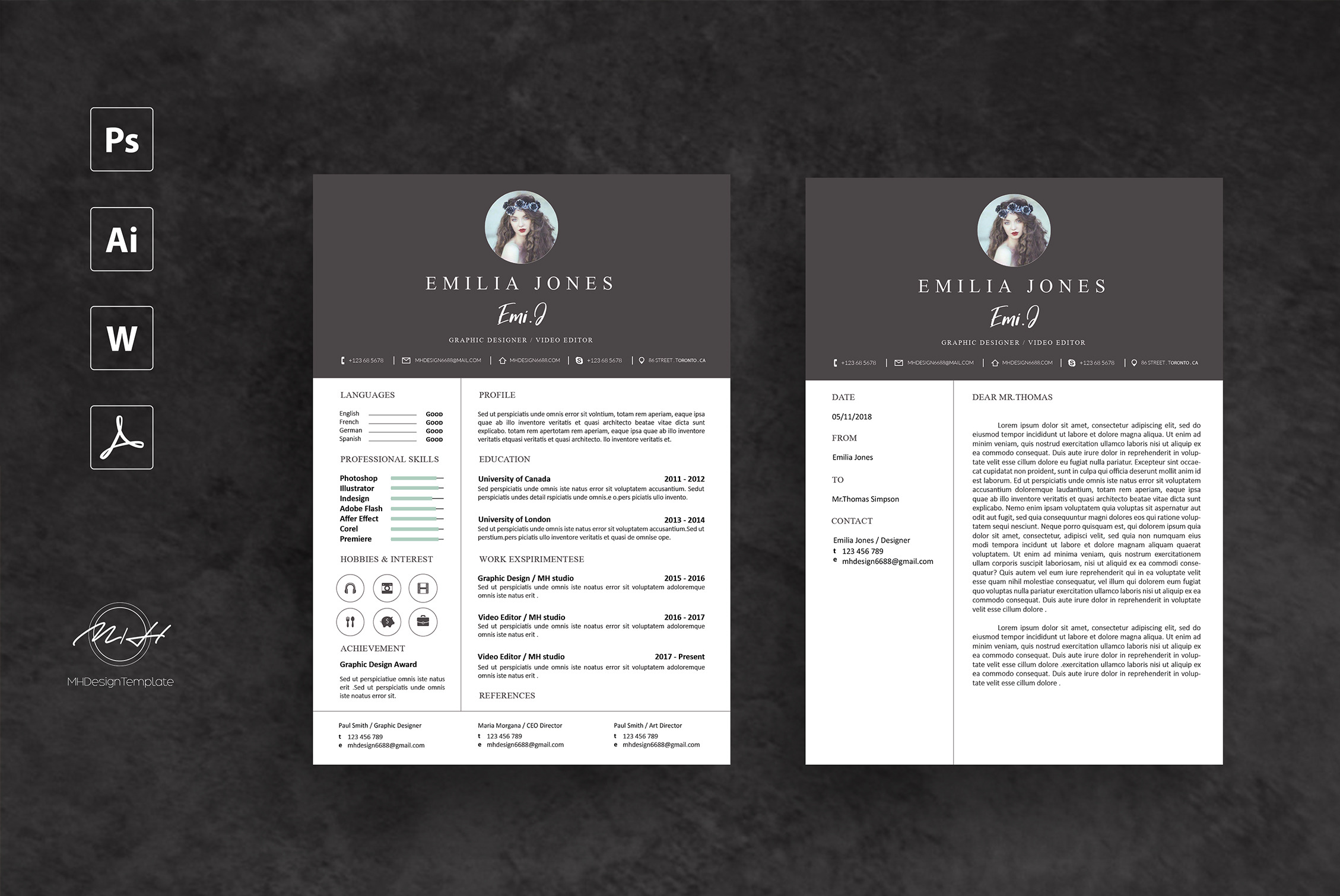 Dark Gray Resume Template, a Resume Template by MH Design Template