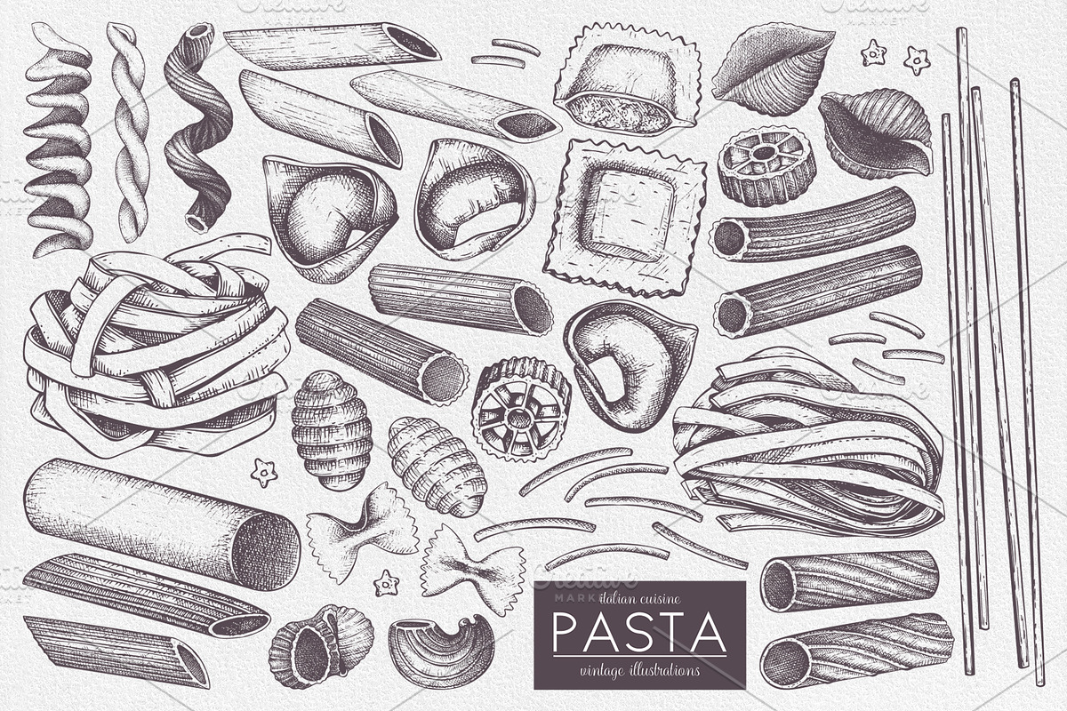 Hand Drawn Italian Pasta Set, a Food Illustration by Yevheniia