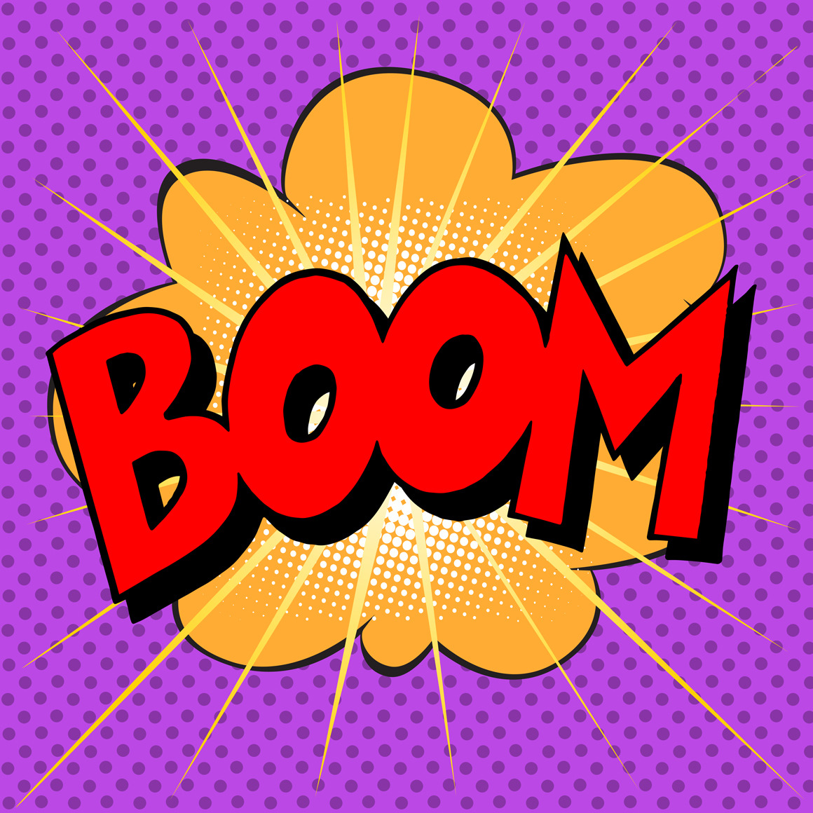 Boom explosion text description, an Illustration by studiostoks