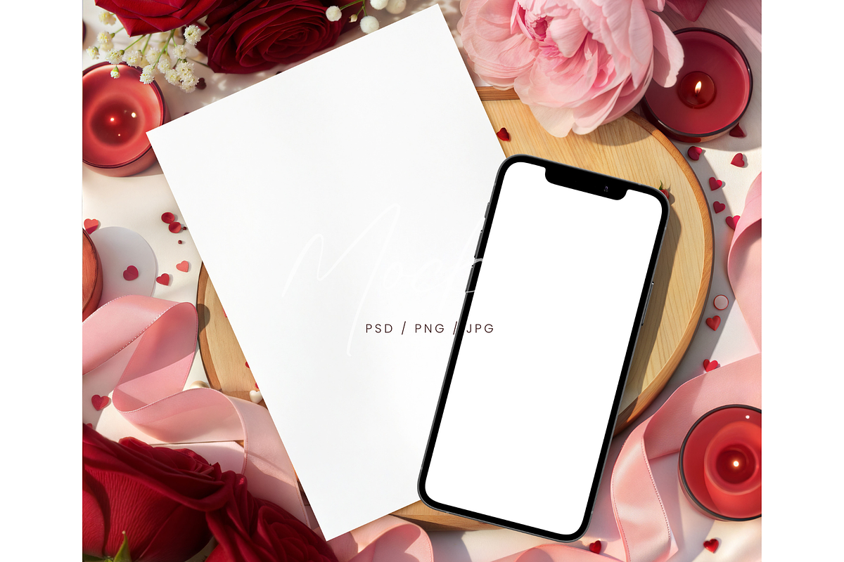 Valentine Card & Phone Mockup, a Product Mockup by TatiMockup