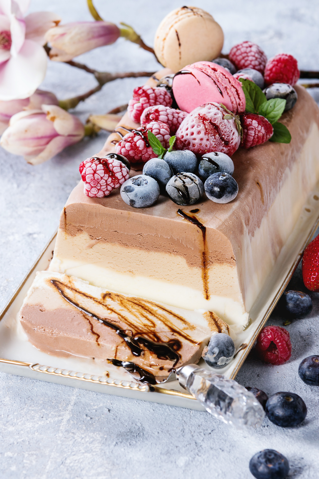 Three layers ice cream cake featuring cream, ice, and cake, a Food ...