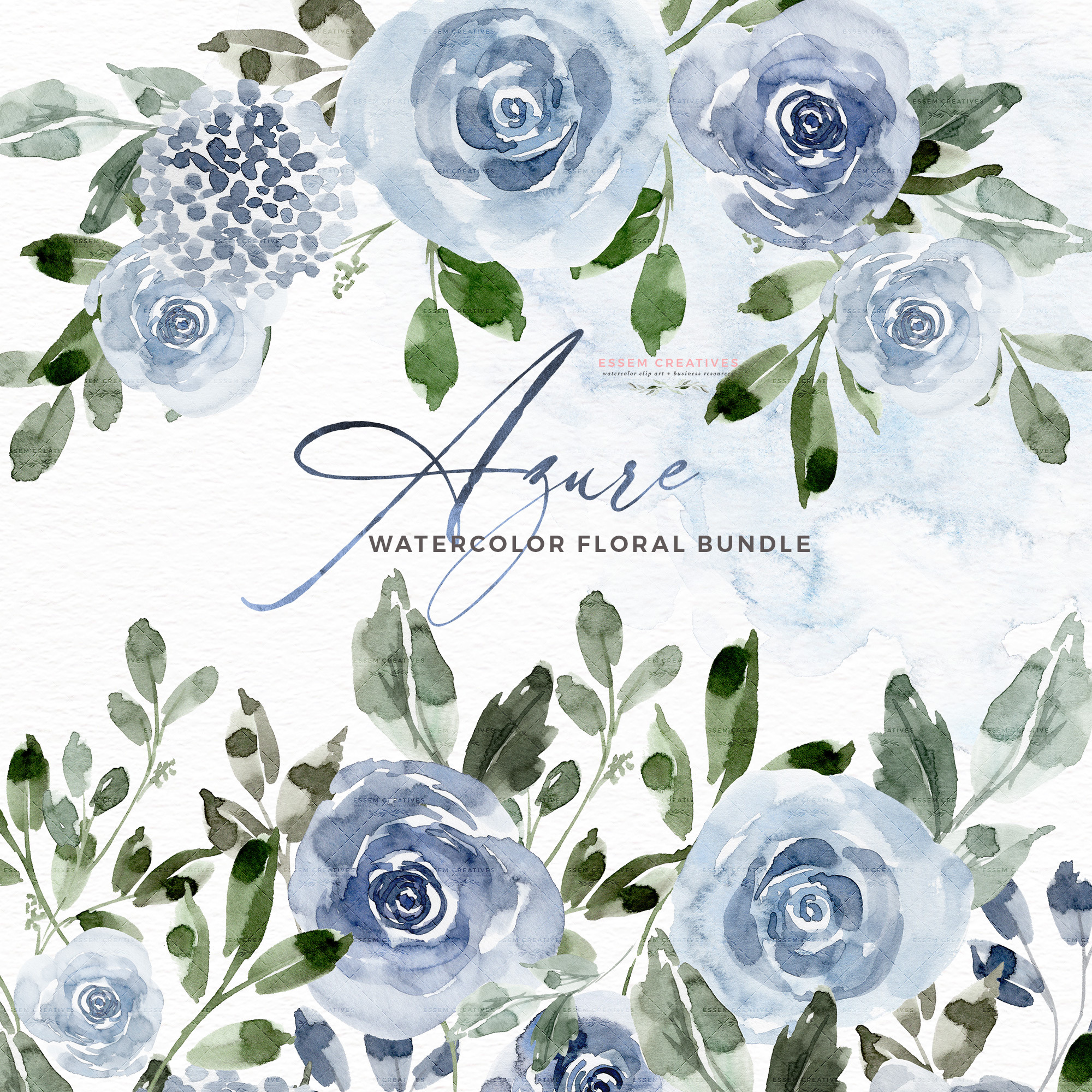 AZURE Blue Watercolor Flower Clipart, an Illustration by Essem Creatives
